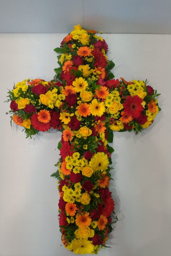 CROIX DE FLEURS DEUIL COLORÉE - Livraison Toulouse - Calypso Fleurs