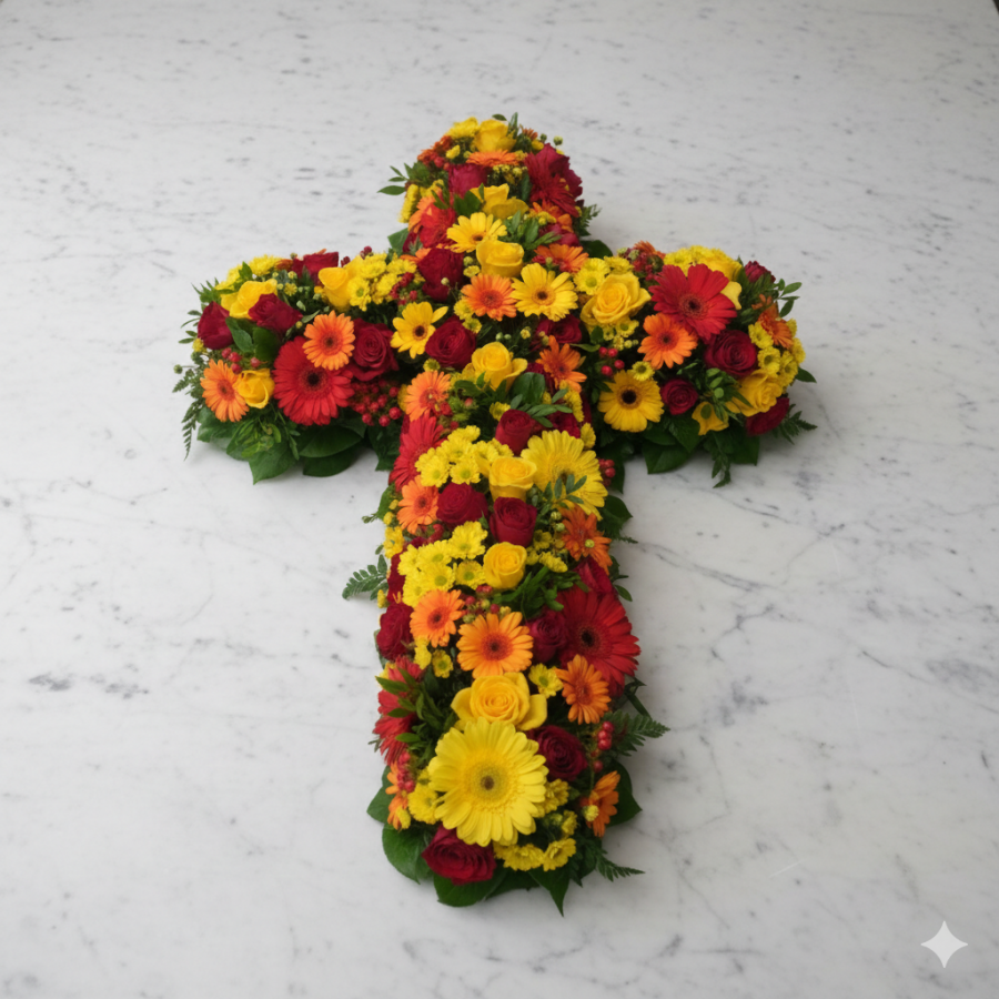 CROIX DE FLEURS DEUIL COLORÉE - Livraison Toulouse - Calypso Fleurs